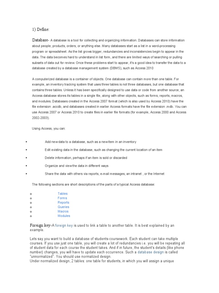1) Define: Database-: Foreign Key | PDF | Databases | Relational Database