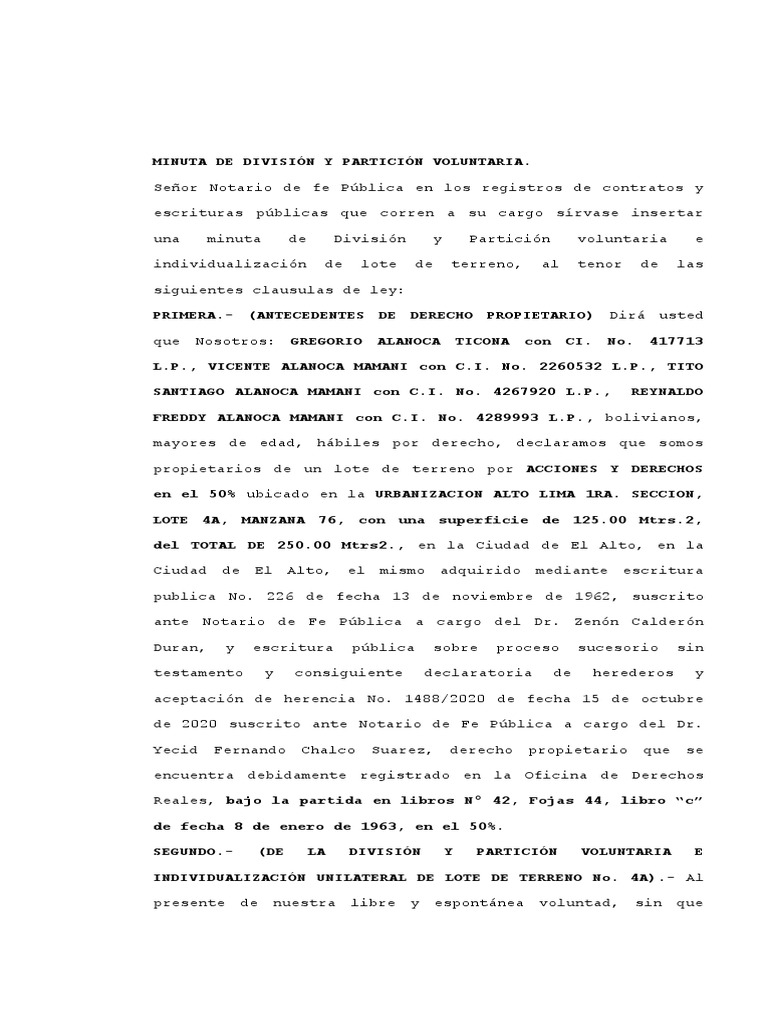 División Voluntaria de Terrenos El Alto | PDF | Documentos legales ...