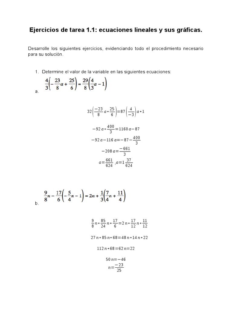 Ejercicios para Tarea 1.1 Ecuaciones Lineales y Sus Gráficas. | Descargar gratis PDF ...