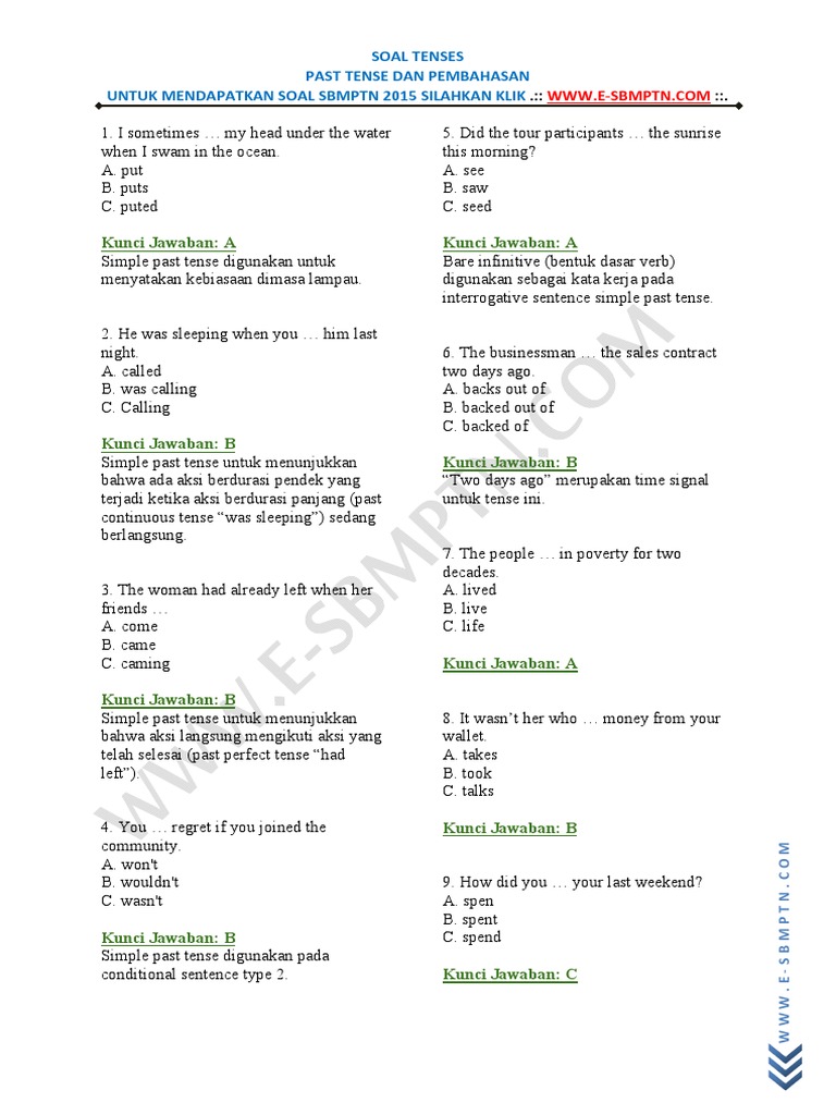 Soal Simple Past Tense Dan Pembahasan | PDF