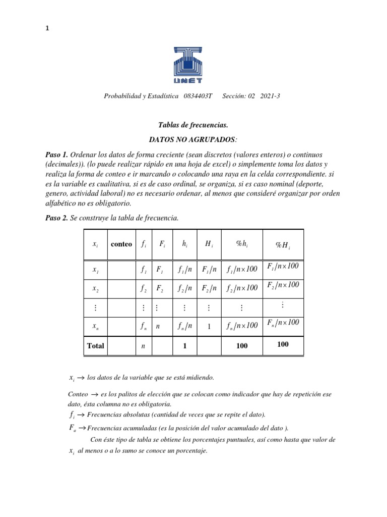Formulario para Datos No Agrupados en Tablas de Frecuencias | PDF ...