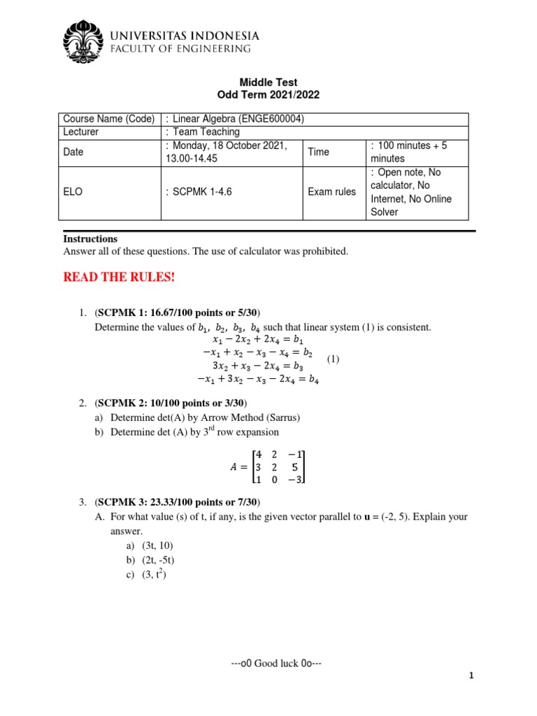 Mid Test Lin Algebra 18 October 2021 | PDF | Vector Space | Euclidean ...