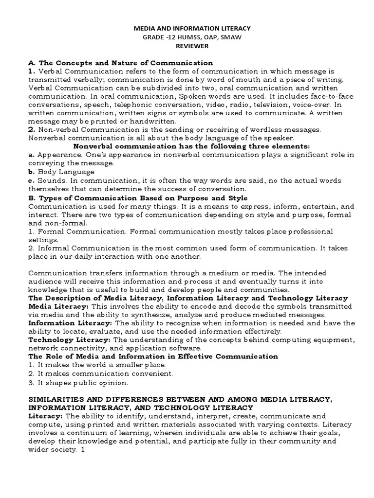 MEDIA AND INFORMATION LITERACY Reviewer | PDF | Communication | Mass Media