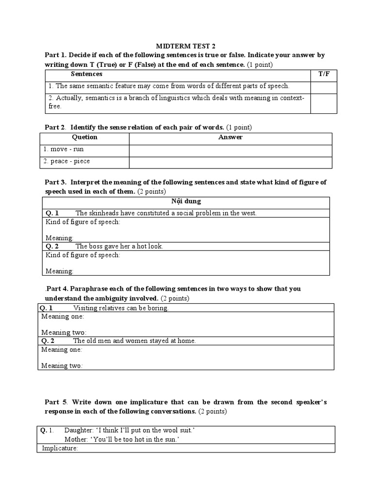 Midterm Test on Semantics and Figures | PDF