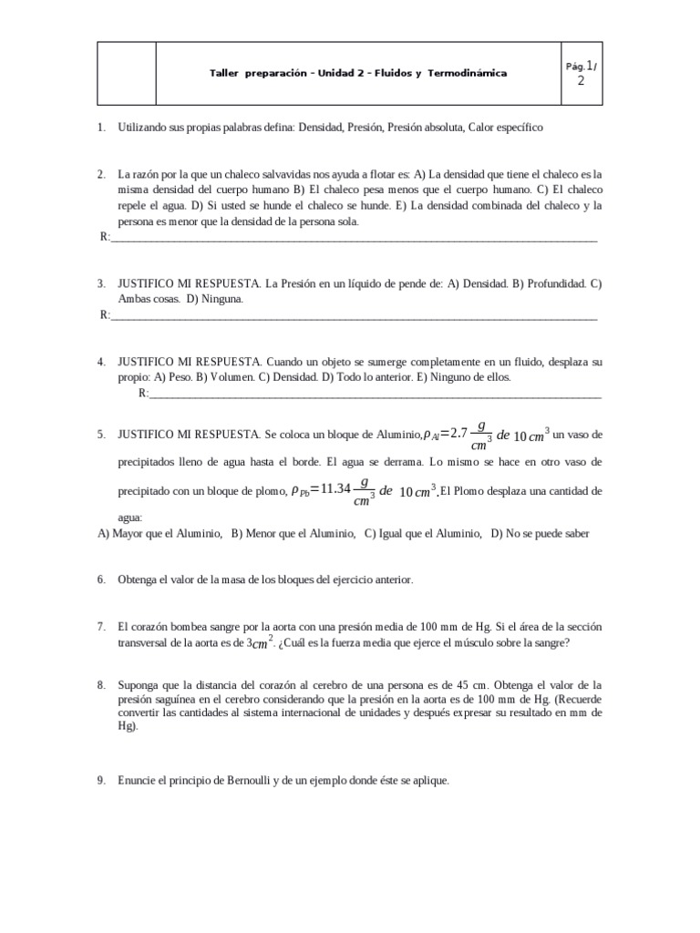 Taller Repaso Termo 2020B | PDF | Presión | Densidad