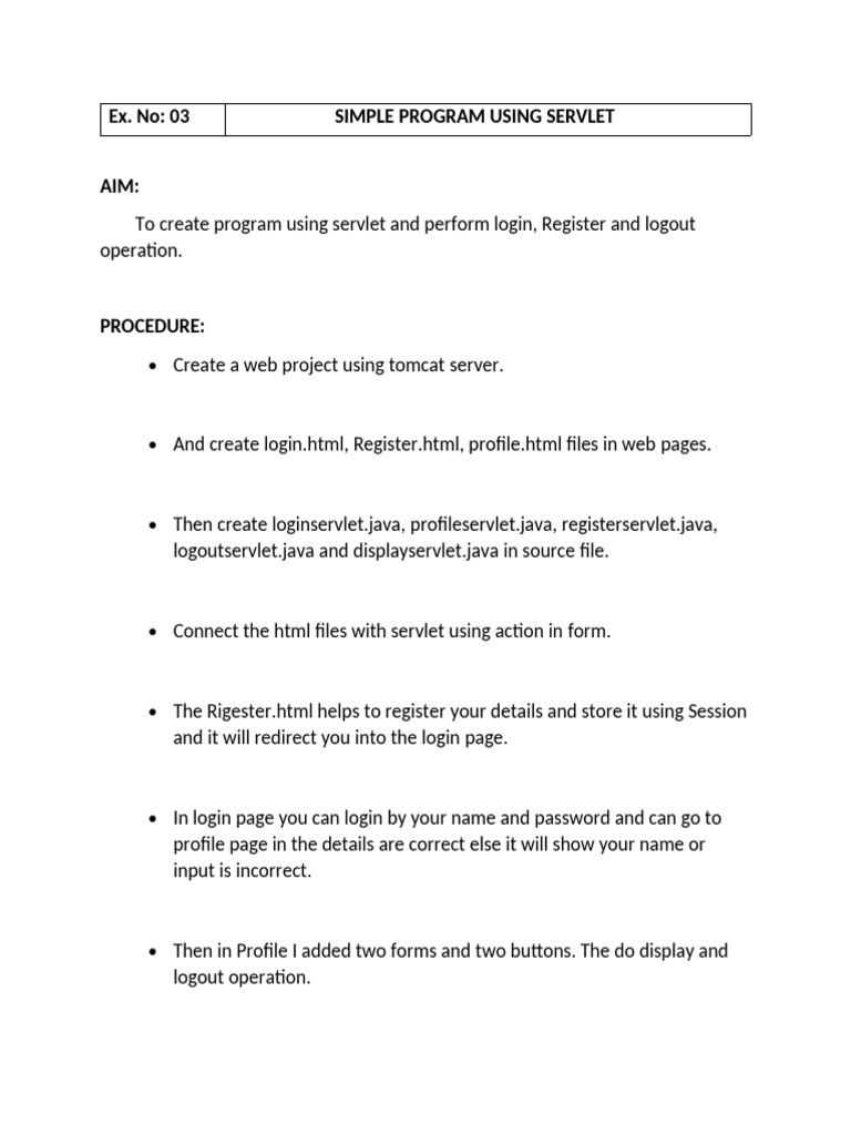 Ex. No: 03 Simple Program Using Servlet | PDF | Software Engineering | Enterprise Architecture