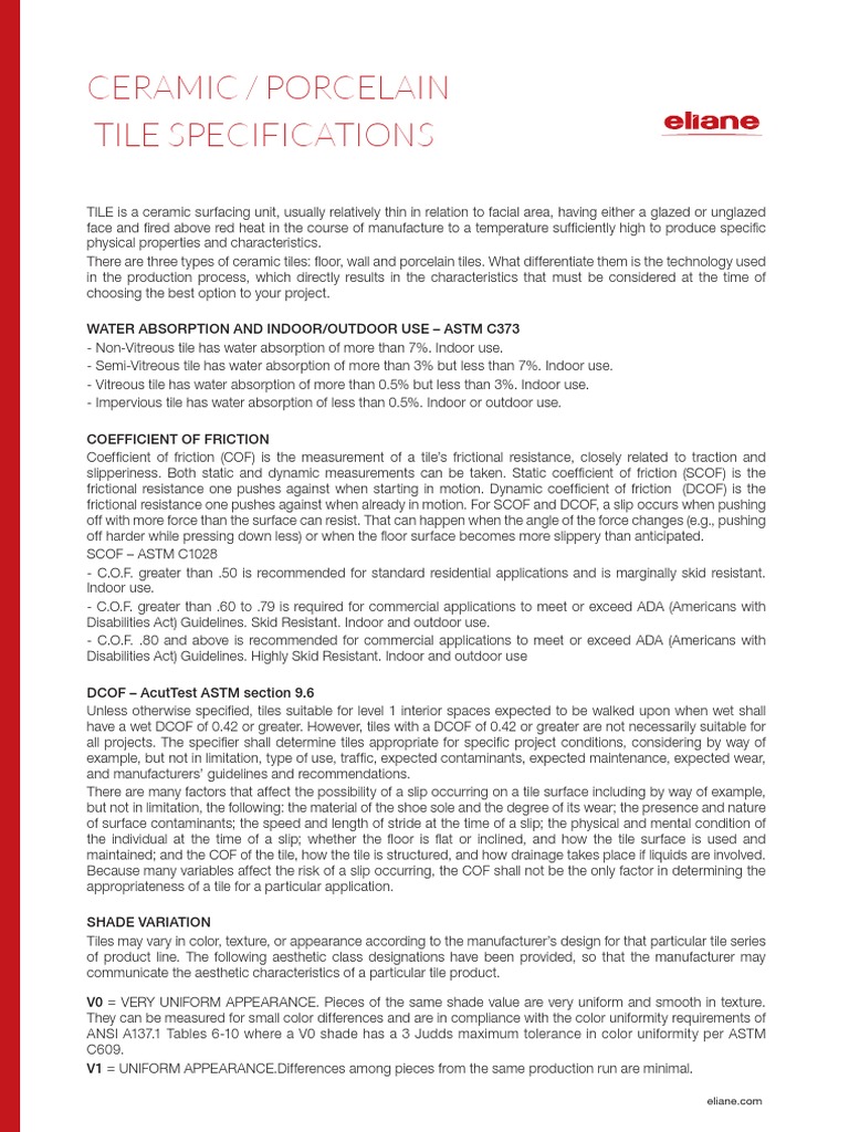 Ceramic / Porcelain Tile Specifications | PDF | Friction | Tile