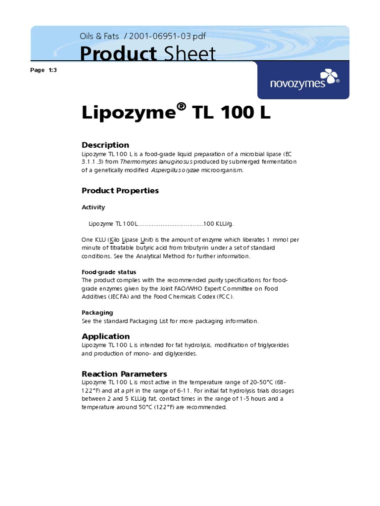 Product Sheet: Lipozyme TL 100 L | PDF | Fat | Enzyme