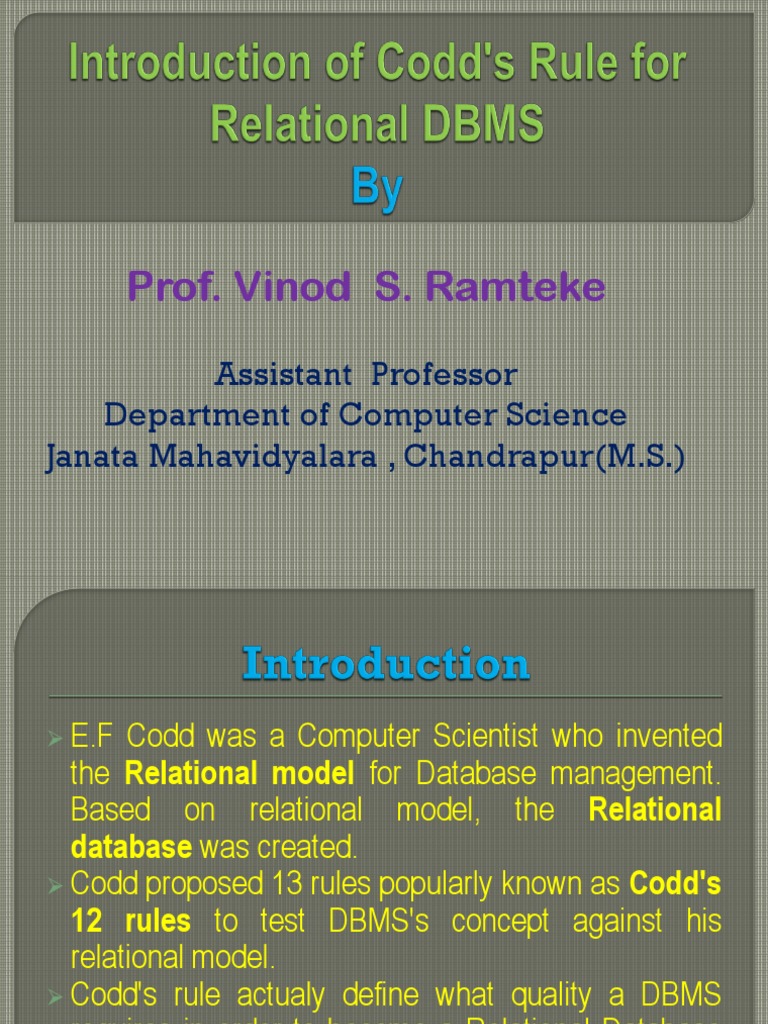 Introduction Of Codds Rule For Relational Dbms Prof Ramteke Pdf Relational Database