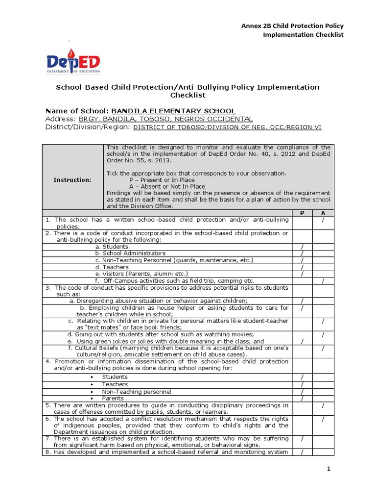 Annex 2B Child Protection Policy Implementation Checklist | PDF ...