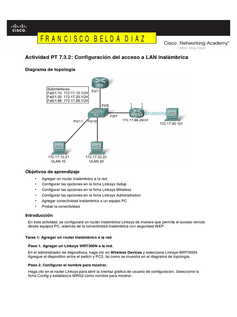 Actividad PT 7.3.2 - Configuración Del Acceso A LAN Inalámbrica | PDF | Dirección IP | Enrutador ...