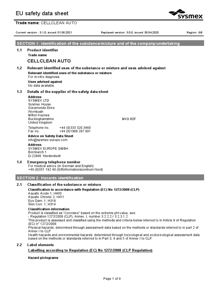 Cellclean Auto 624485 Sds GB en | PDF | Toxicity | Dangerous Goods