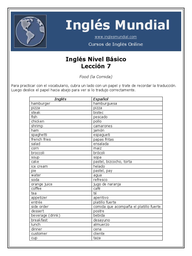 Vocabulario Basico - 7 | PDF | Comida y bebida | Preparación de comida ...