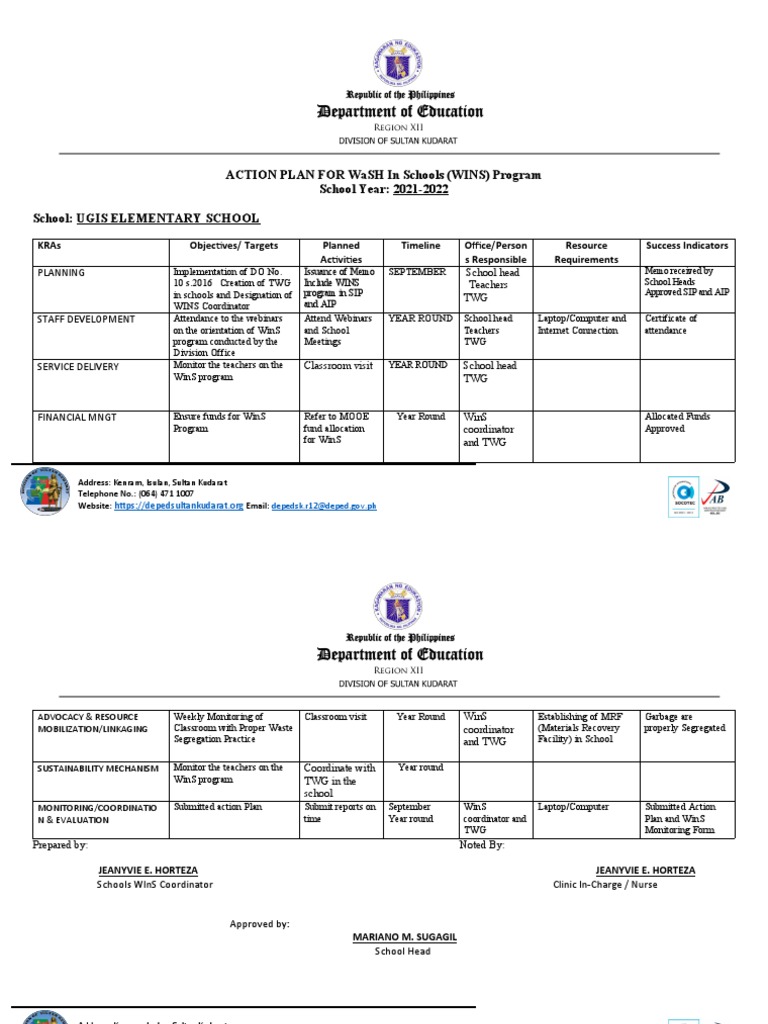 Action Plan for Implementing a WaSH in Schools Program at UGIS ...
