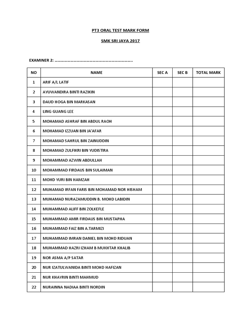 Pt3 Oral Test Mark Form | PDF