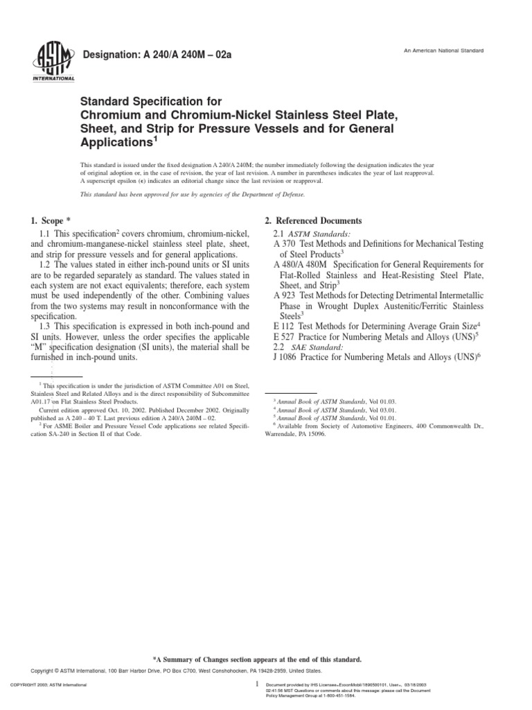 Astm A240 | PDF | Stainless Steel | Steel
