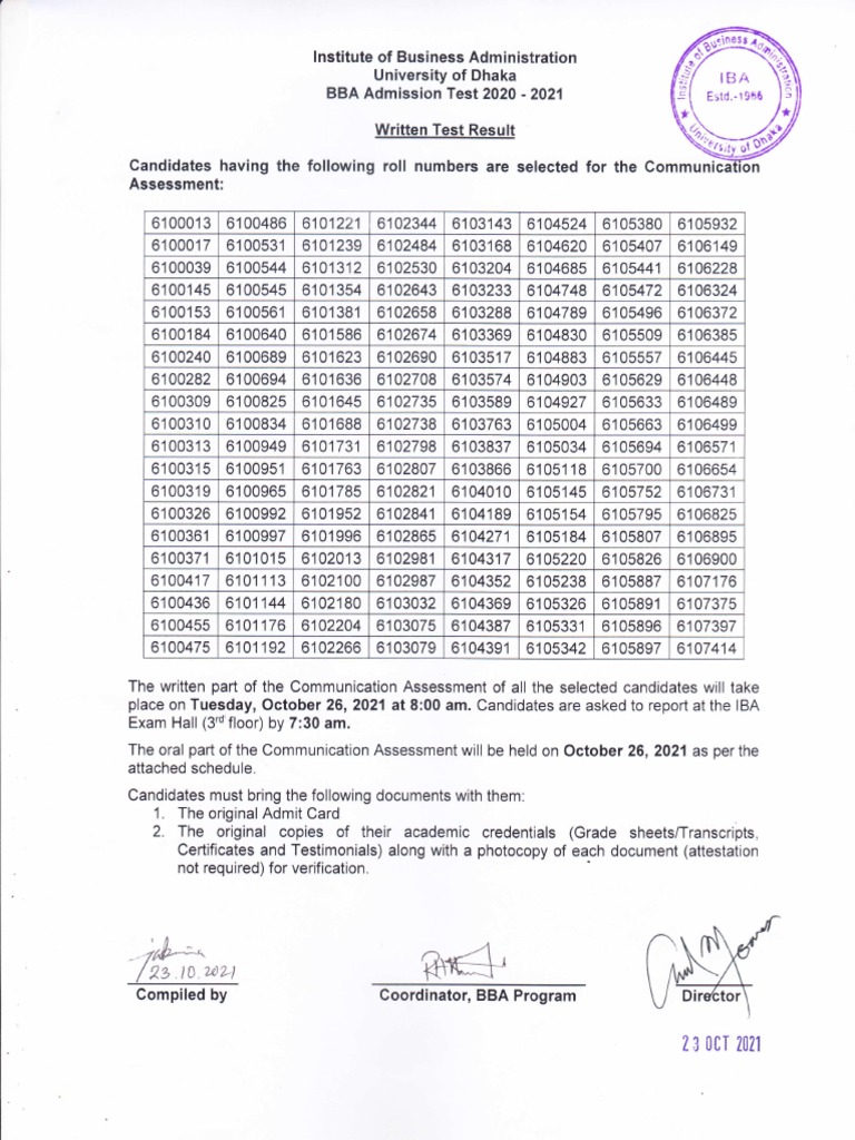 BBA Admission Test 2020-2021 Results | PDF | Qualifications ...