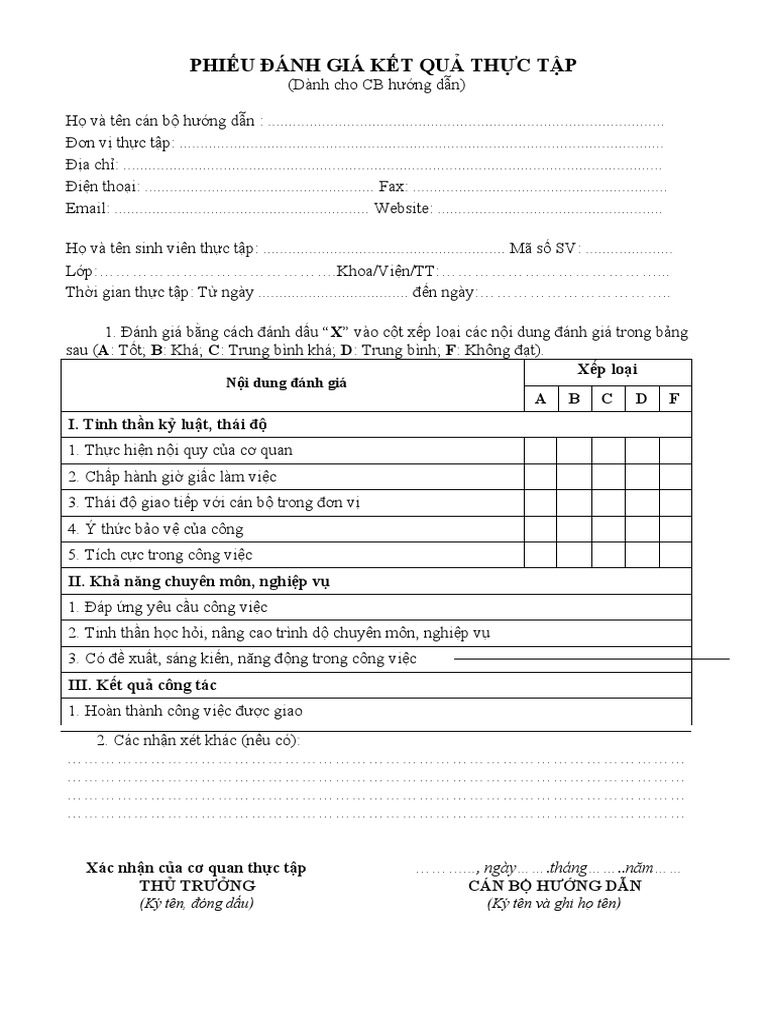 04 Phieu Danh Gia Thuc Tap | PDF