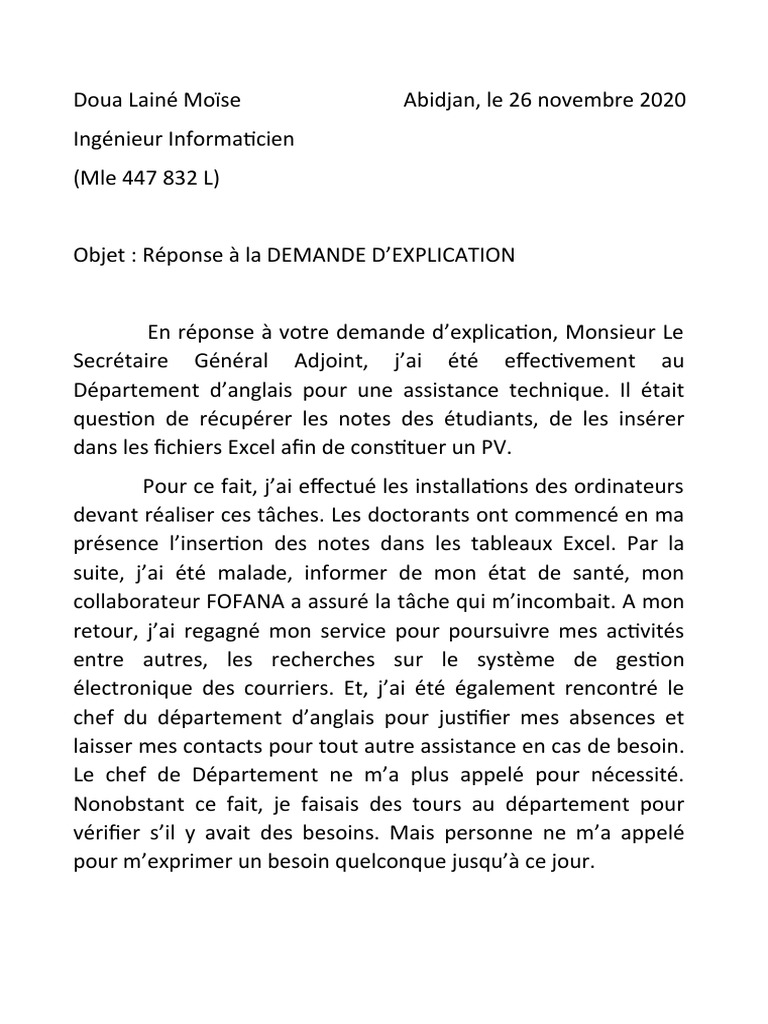Réponse à une demande d'explication | PDF