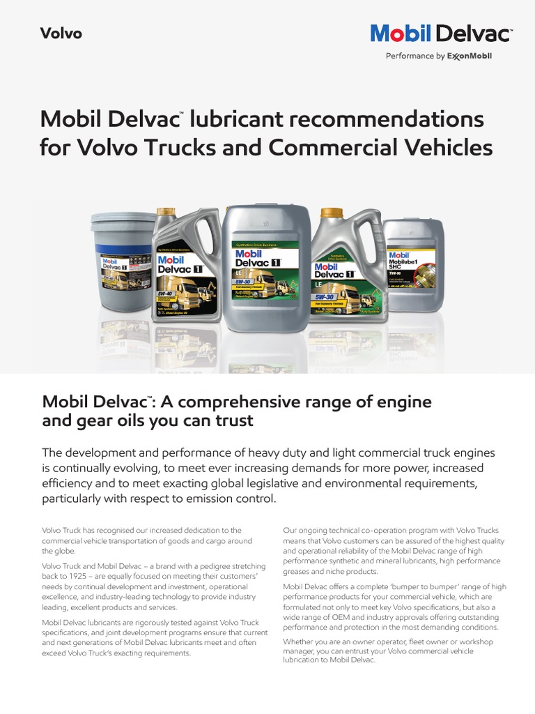 Mobil Delvac Lubricant Recommendations For Volvo Trucks and Commercial ...