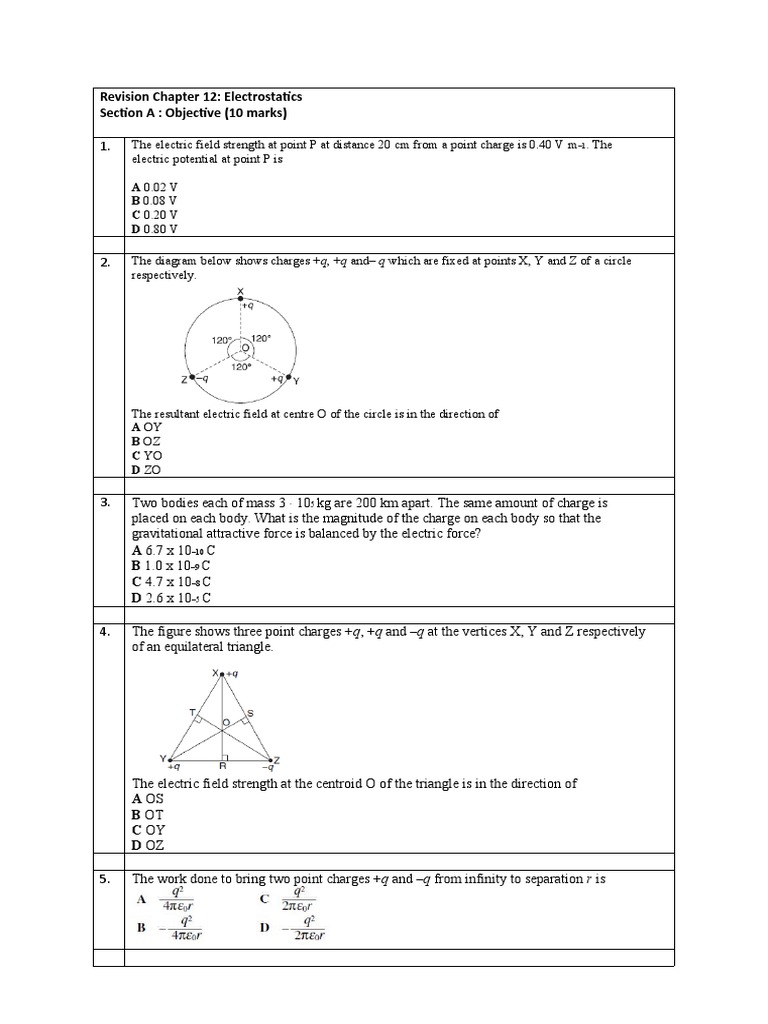 Electrostatics Revision Questions and Answers | PDF | Electric Field ...