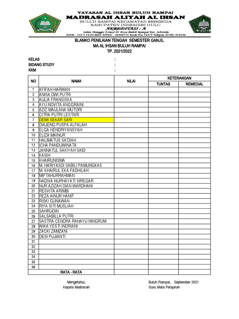 Blanko Nilai Mid | PDF