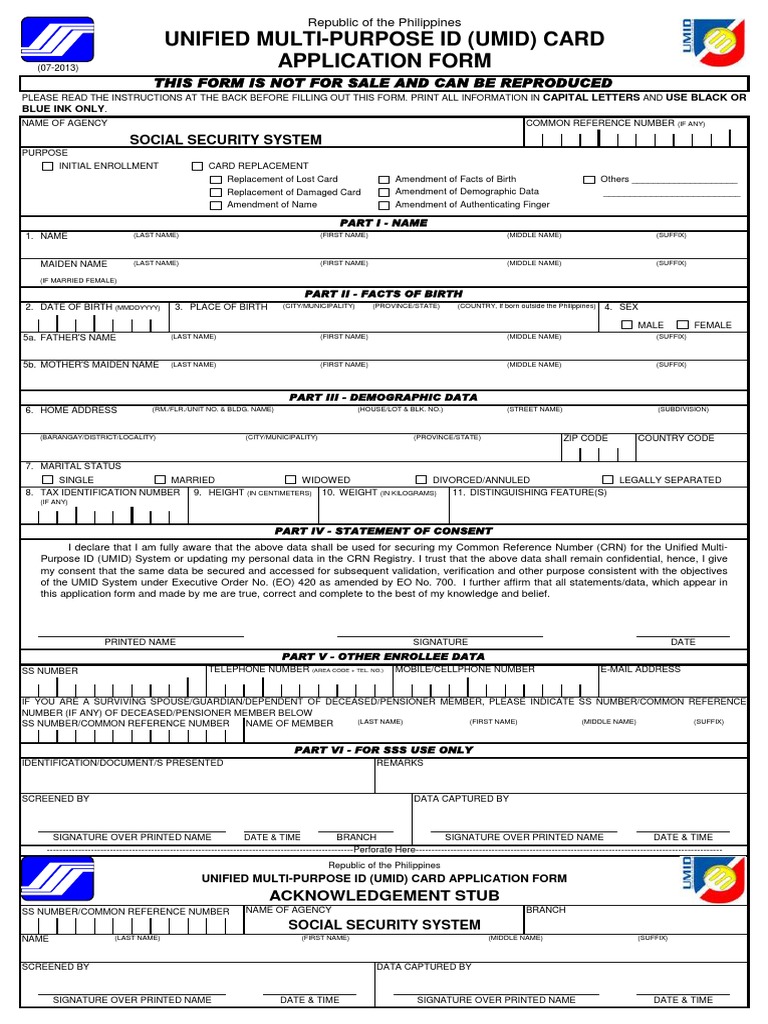 Application Form Unified Multi-Purpose Id (Umid) Card: Social Security ...