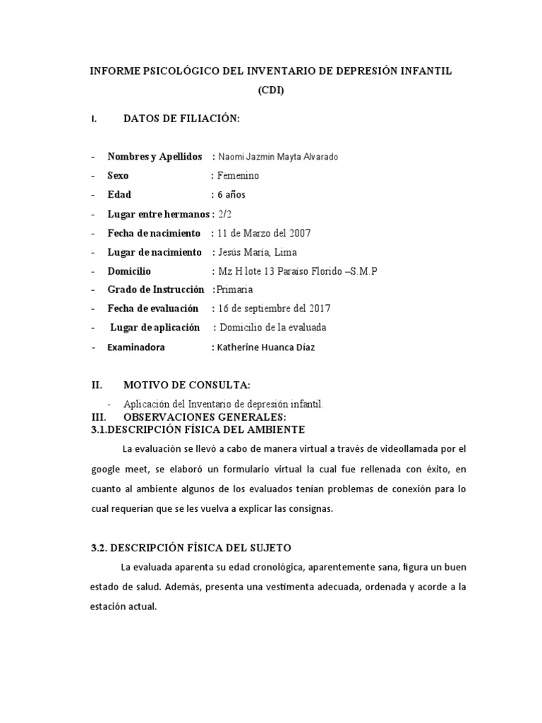 Informe CDI: Naomi, 6 años | PDF | Depresión (estado de ánimo) | Psiquiatría