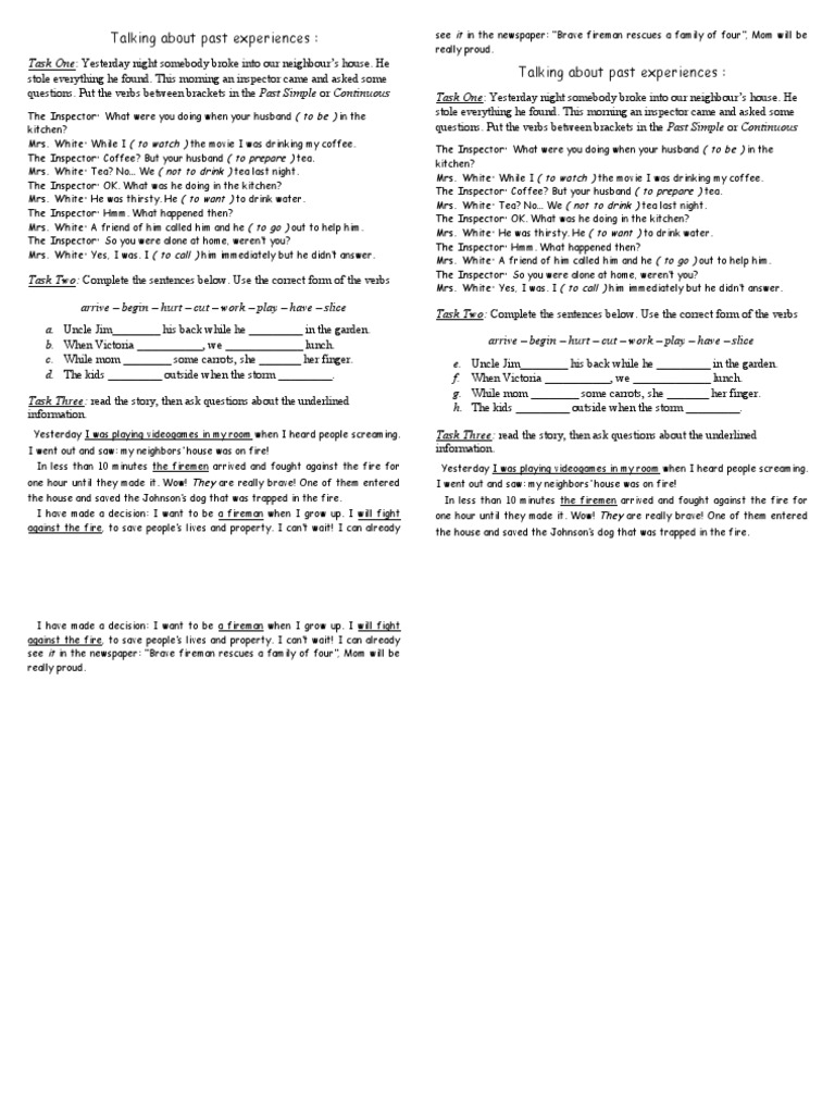 Past Experiences: Verbs in Context | PDF | Firefighter