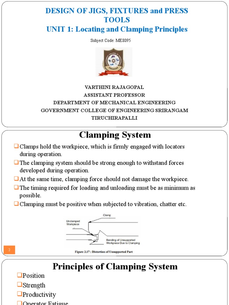 Design of Jigs, Fixtures and Press Tools UNIT 1: Locating and Clamping ...
