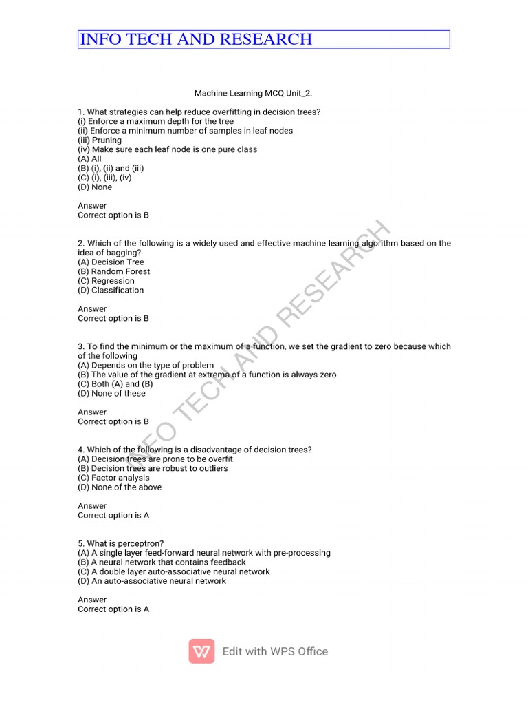 MCQ Machine Learning UNIT 2 | PDF