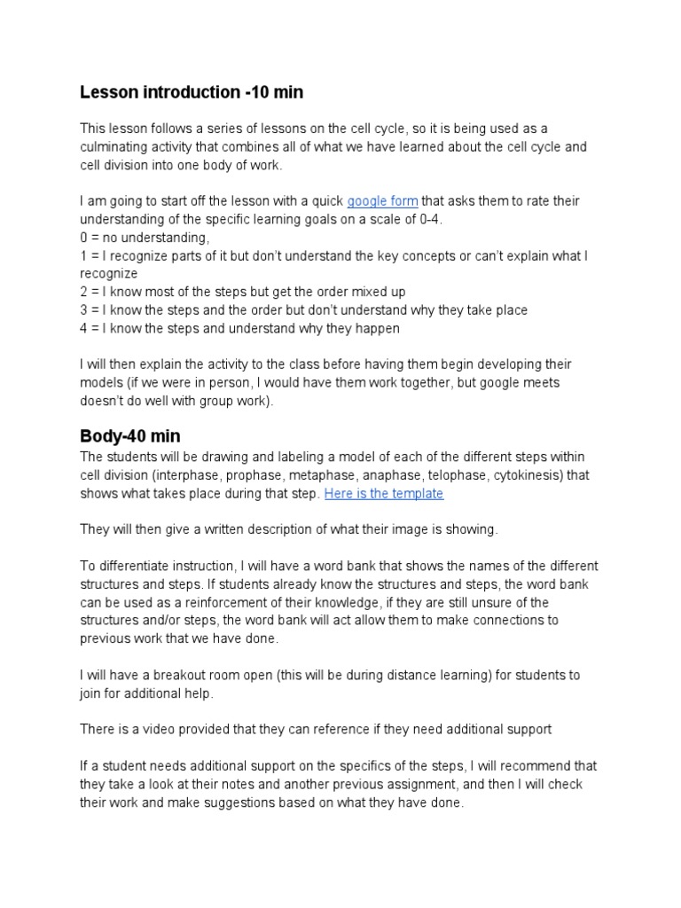 Cell Division Lesson Plan | PDF | Mitosis | Cellular Processes