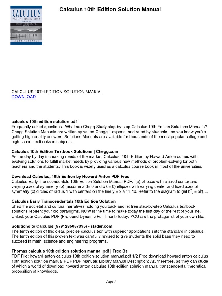 Calculus 10th Edition Solution Manual: Download | PDF | Textbook | E Books