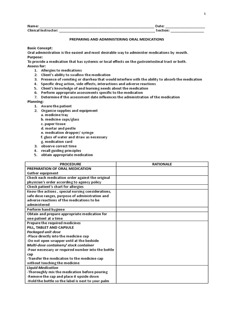 Preparing and Administering Oral Medications Basic Concept: Purpose ...