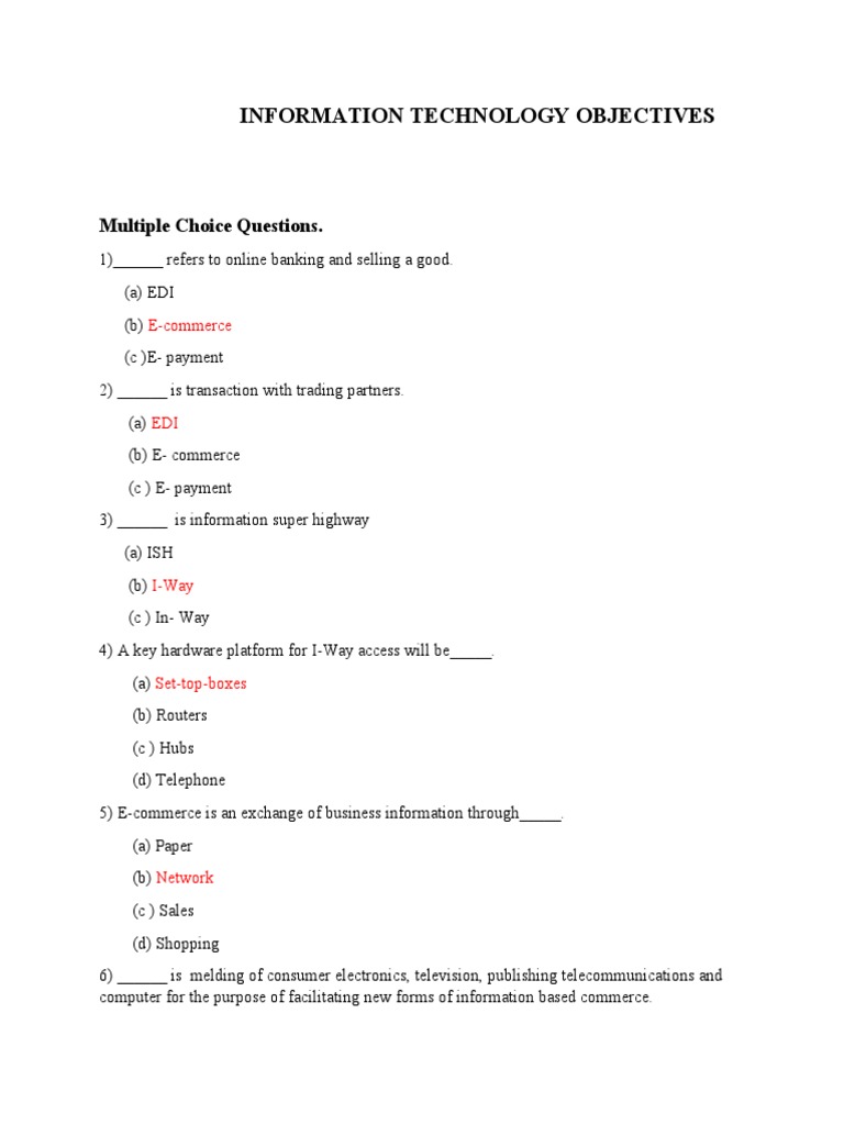 Information Technology Objectives: Multiple Choice Questions | PDF ...