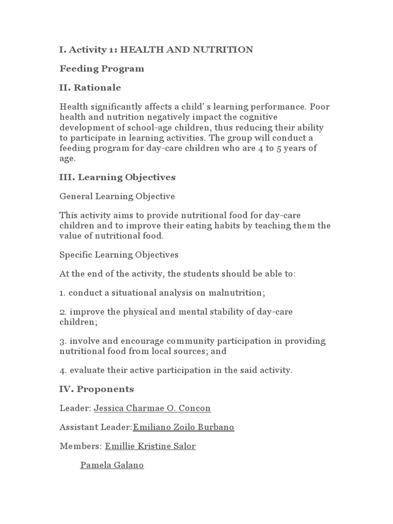 I. Activity 1: Health and Nutrition Feeding Program II. Rationale | PDF ...
