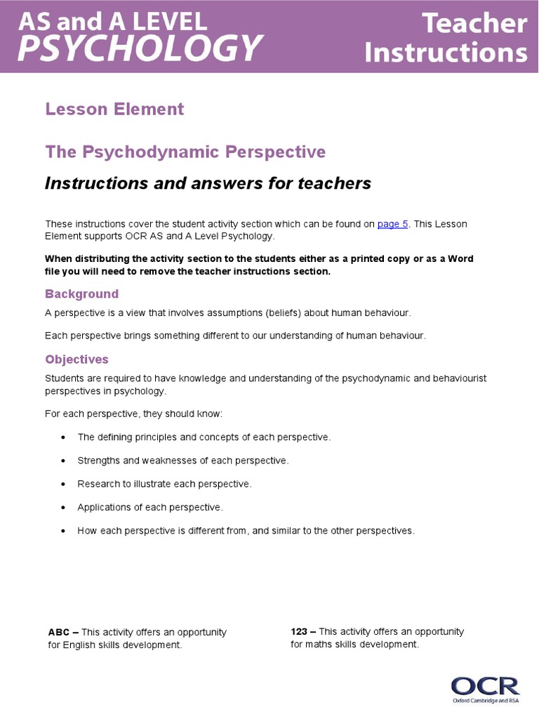 Lesson Element The Psychodynamic Perspective: Instructions and Answers ...