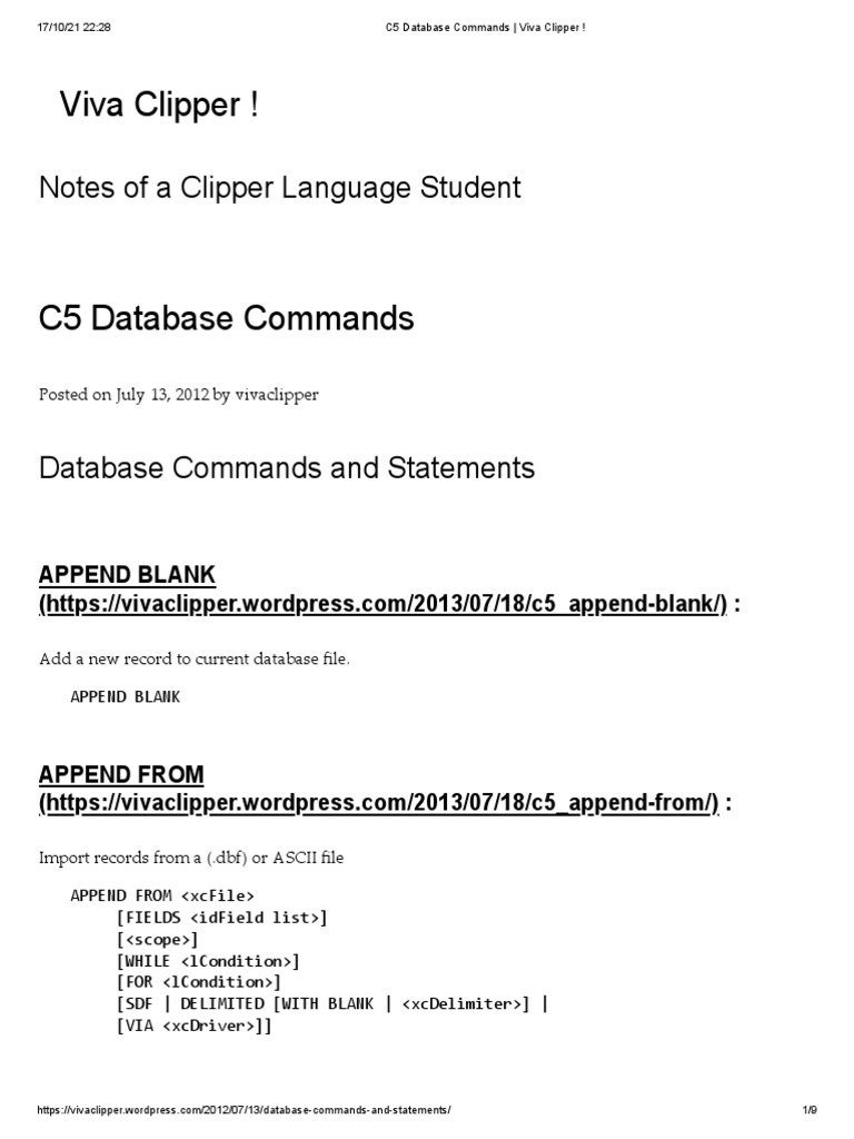 C5 Database Commands - Viva Clipper ! | PDF | Database Index | Computer ...
