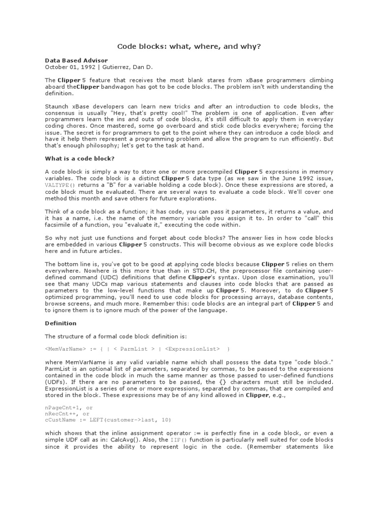 Code Blocks: What, Where, and Why?: Data Based Advisor | PDF | Parameter (Computer Programming ...