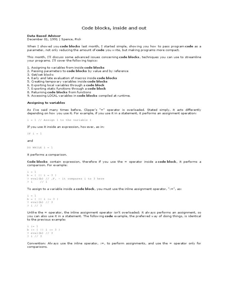 Code Blocks, Inside and Out: Data Based Advisor | PDF | Subroutine | Variable (Computer Science)