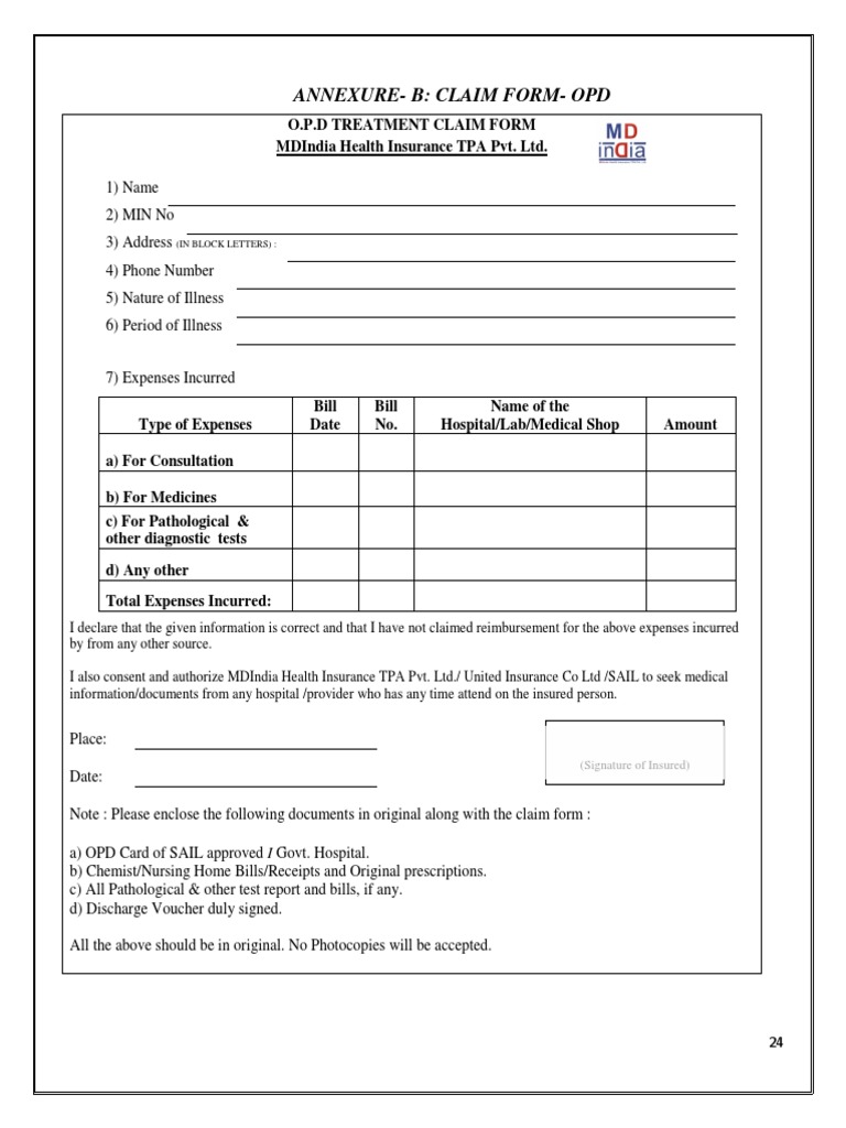 Annexure-B: Claim Form - Opd: (In Block Letters) | PDF