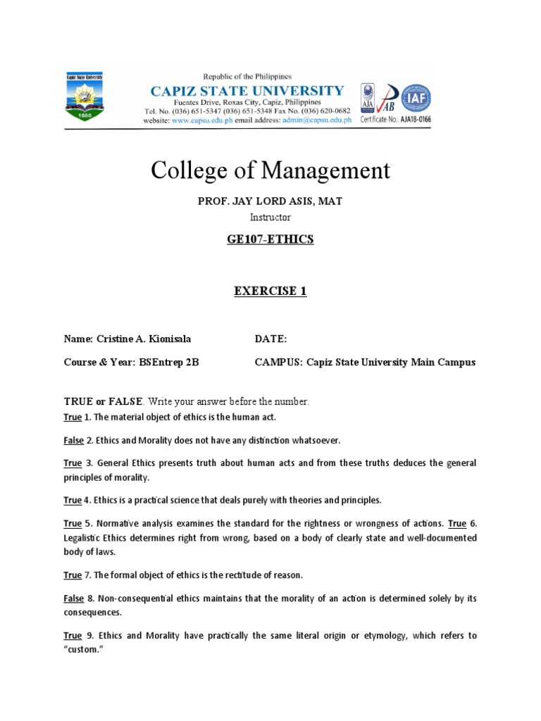 Cristine A. Kionisala 2B BSE GE107-ETHICS MODULE 1 | PDF | Morality | Truth