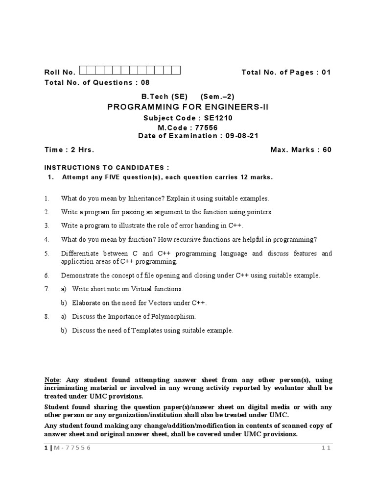 B.Tech Programming for Engineers-II Exam | PDF