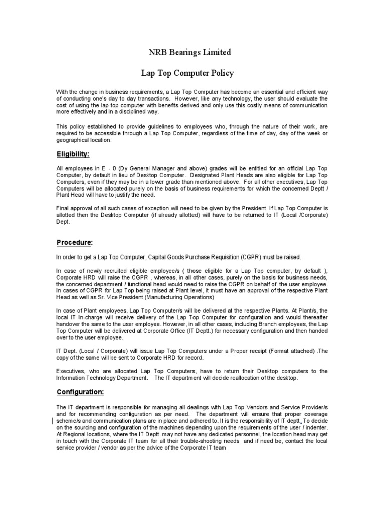 Laptop Policy - HR (Final) | PDF | Laptop | Employment