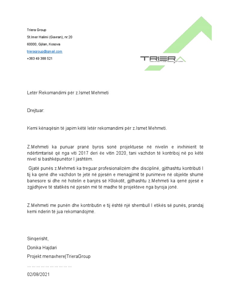 Triera Group-Leter Rekomandimi-Ismet Mehmeti | PDF
