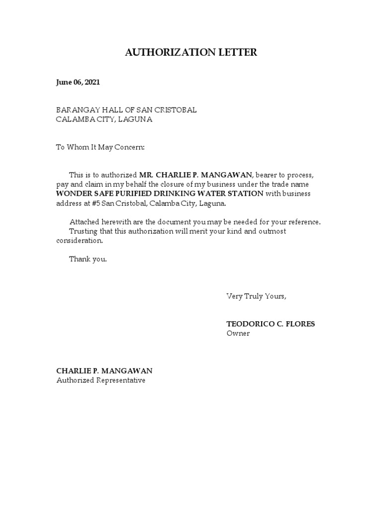 Authorization Letter - Barangay | PDF