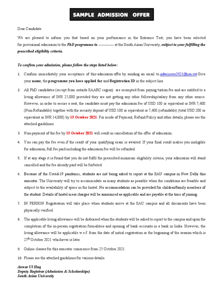 Letter: Sample Admission Offer | PDF | University And College Admission ...