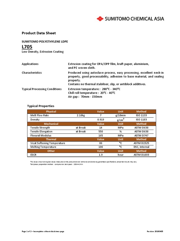 Product Data Sheet: Sumitomo Polyethylene Ldpe | PDF | Waste Management ...