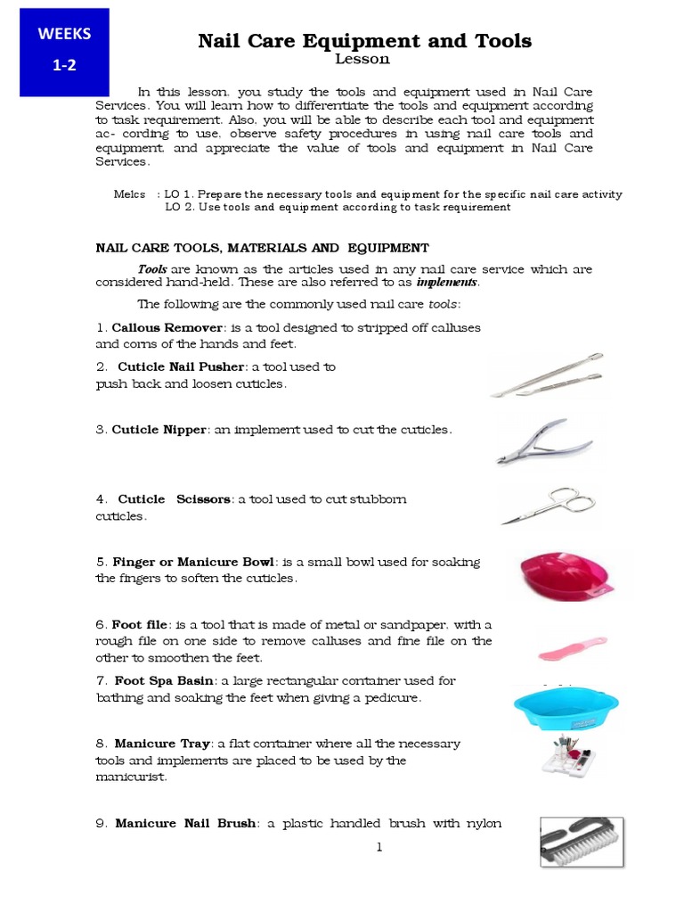 Nail Care Equipment and Tools Week 1 Grade 7 | PDF | Nail (Anatomy) | Chair
