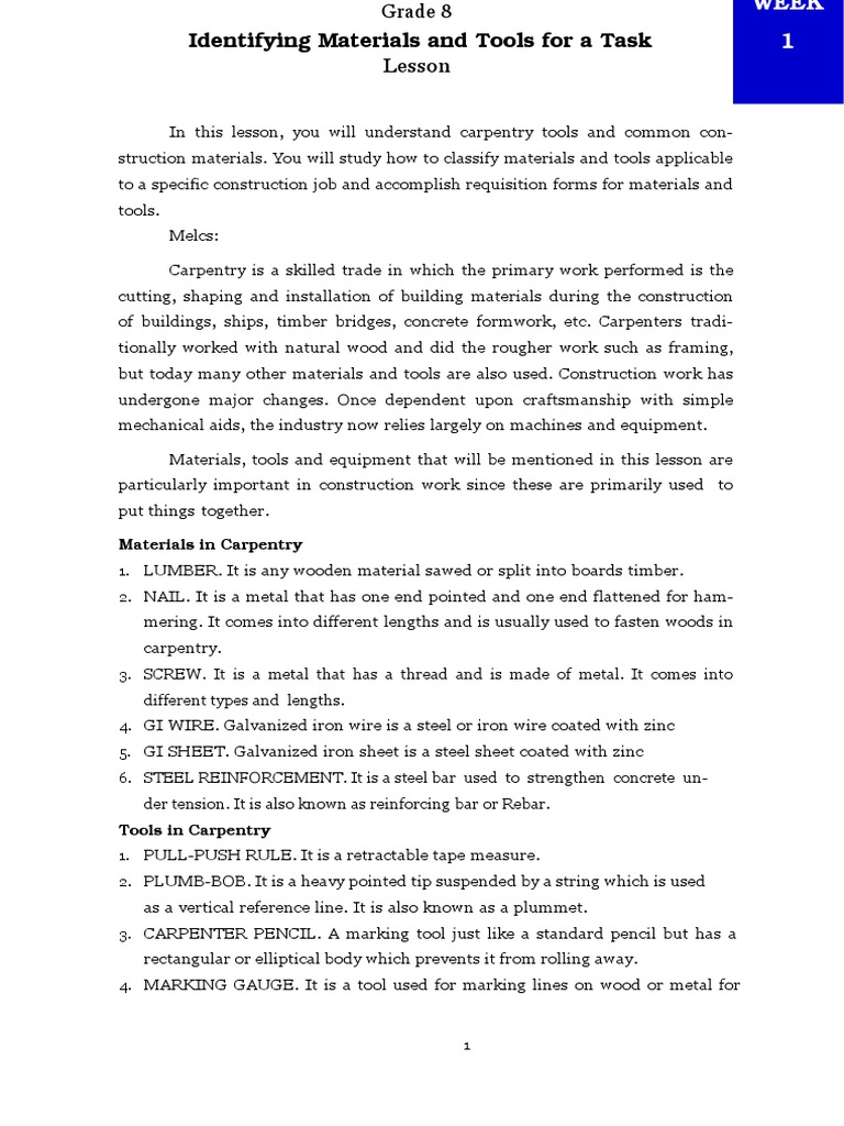 Grade 8 Week 1 CARPENTRY Q2 | PDF | Carpentry | Drill